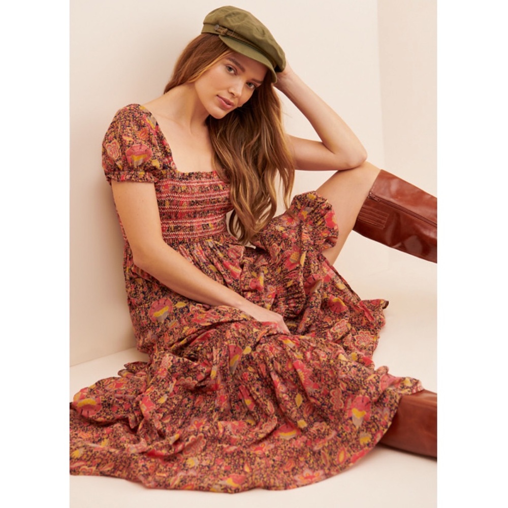 Free People Red Floral Getaway Tiered Maxi Dress Xs - Gem